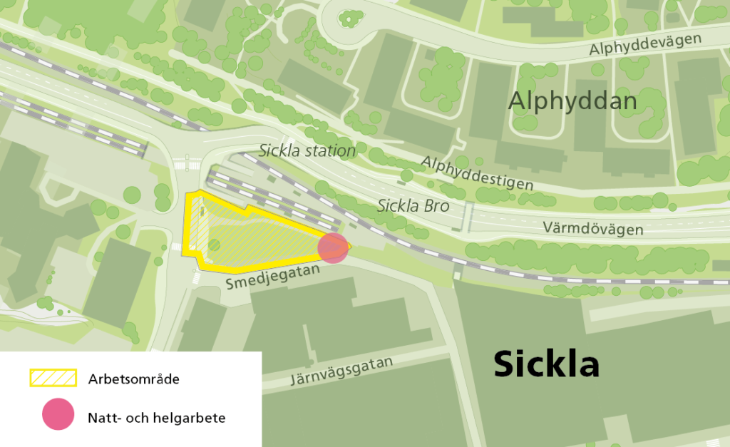 Natt- och helgarbete i Sickla 17-21 augusti 2023